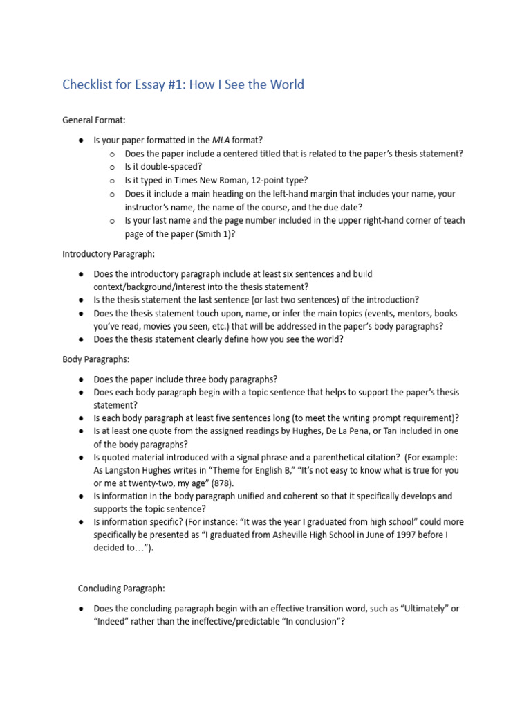 English 111 Checklist For Essay 1 | PDF | Paragraph | Thesis