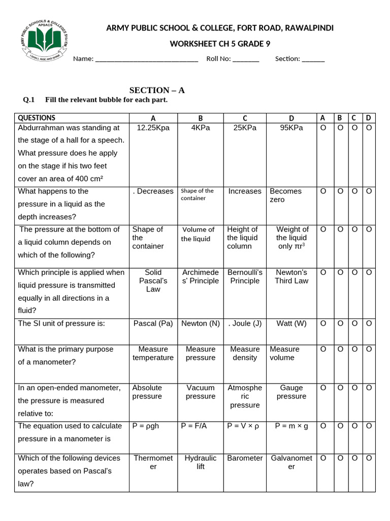 Grade 9 Physics Worksheet | PDF | Pressure | Pressure Measurement
