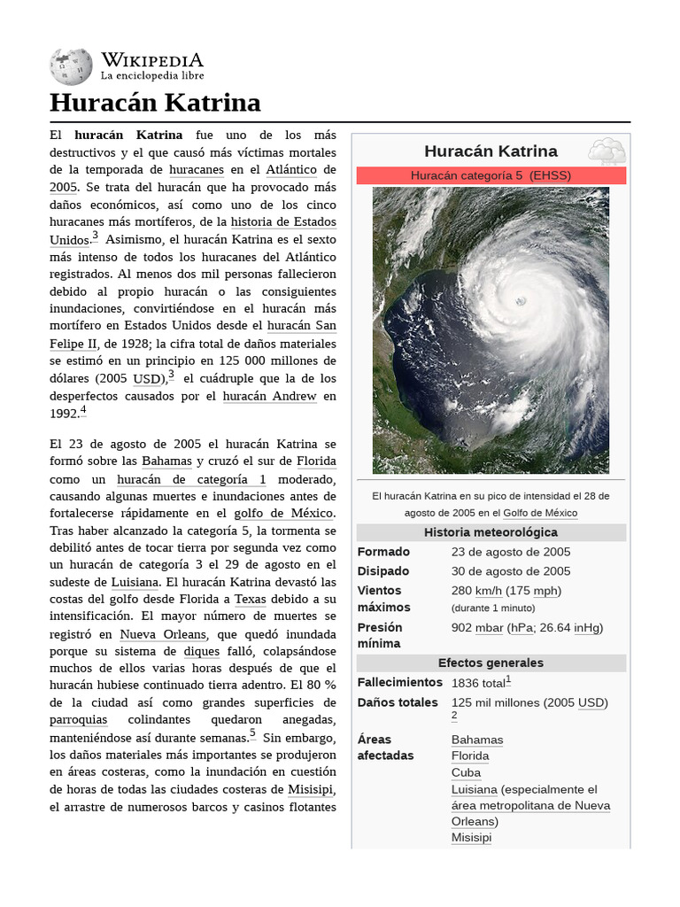 Impacto del Huracán Katrina en 2005 | PDF | Huracan Katrina | Ciclones tropicales