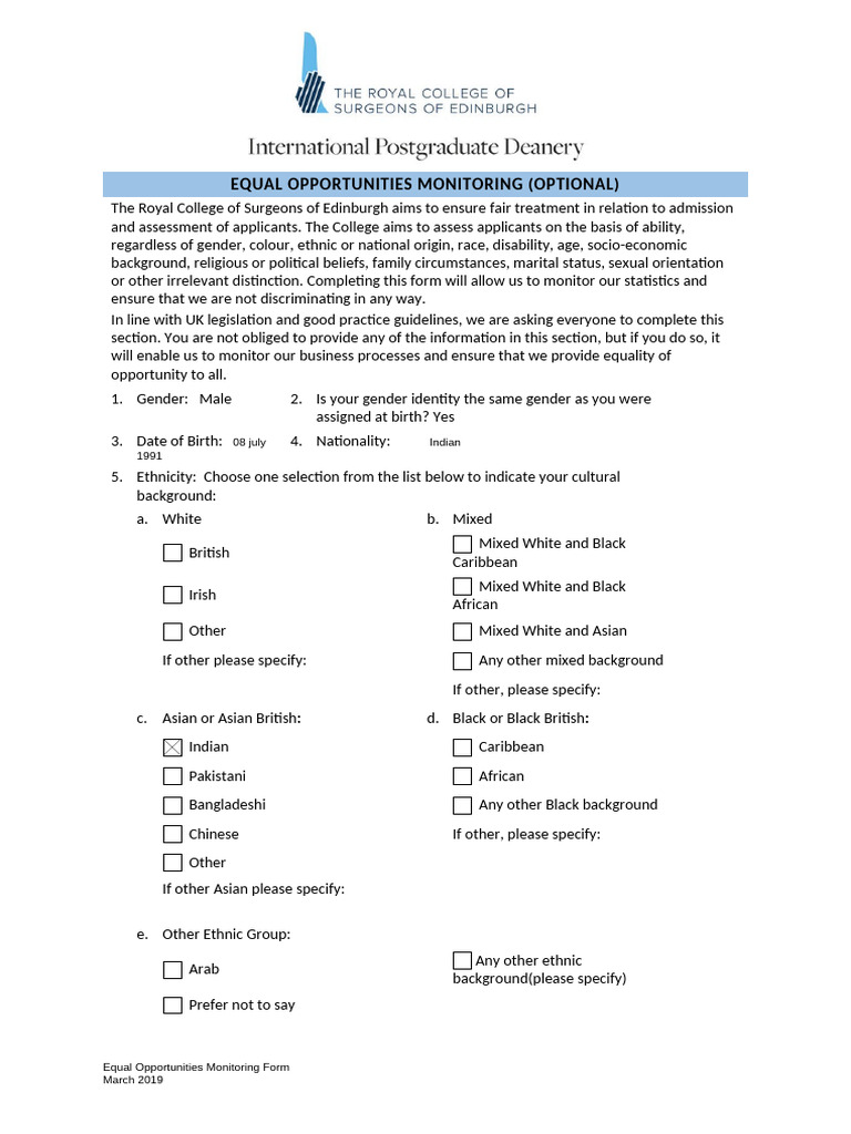 Equal Opportunities Monitoring Form | PDF | Equal Opportunity ...