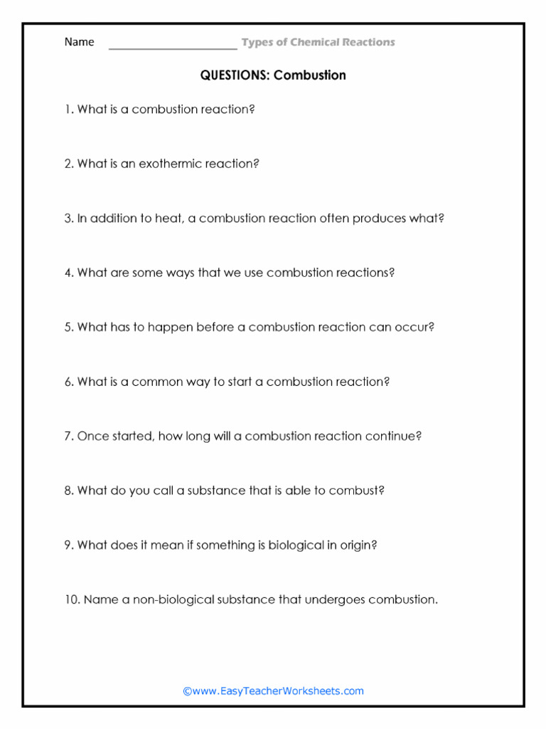 Combustion Questions Worksheet | PDF