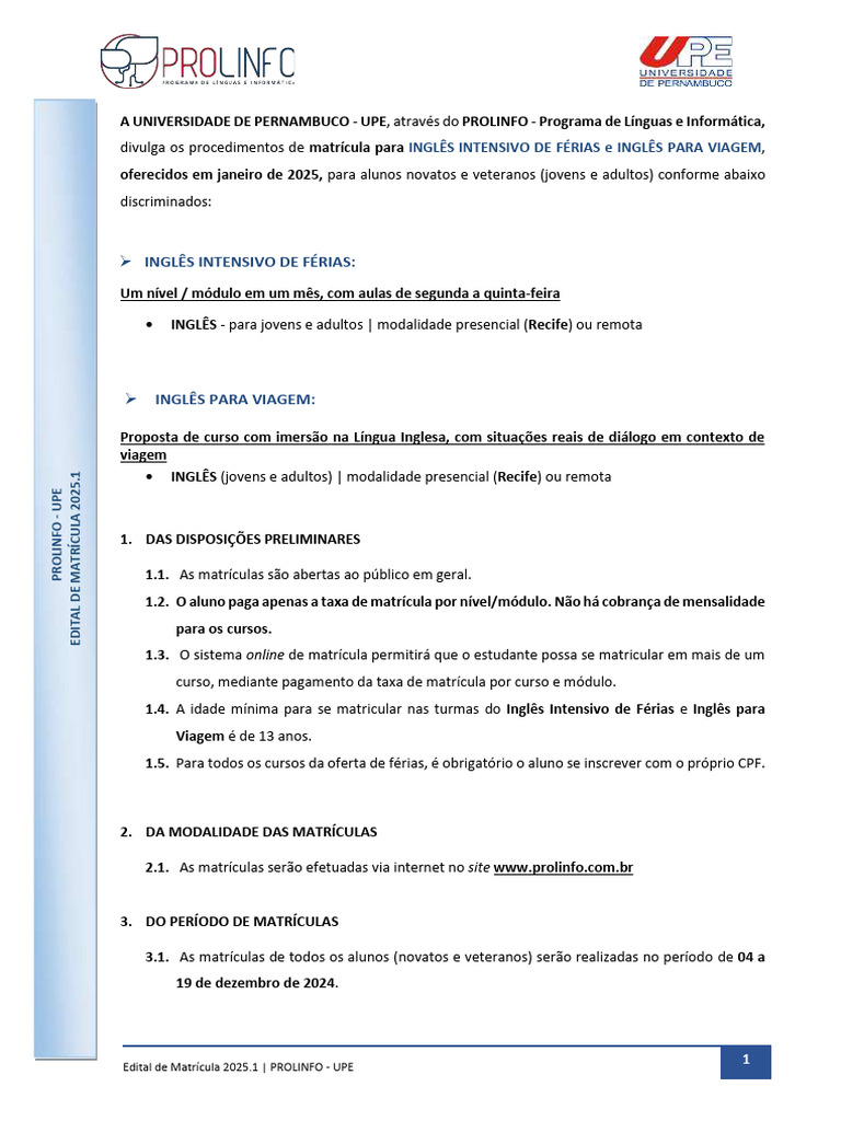 Edital de Matr Cula 2025.1 Oferta de F Rias para Jovens e Adultos Intensivo de F Rias e Ingl S ...