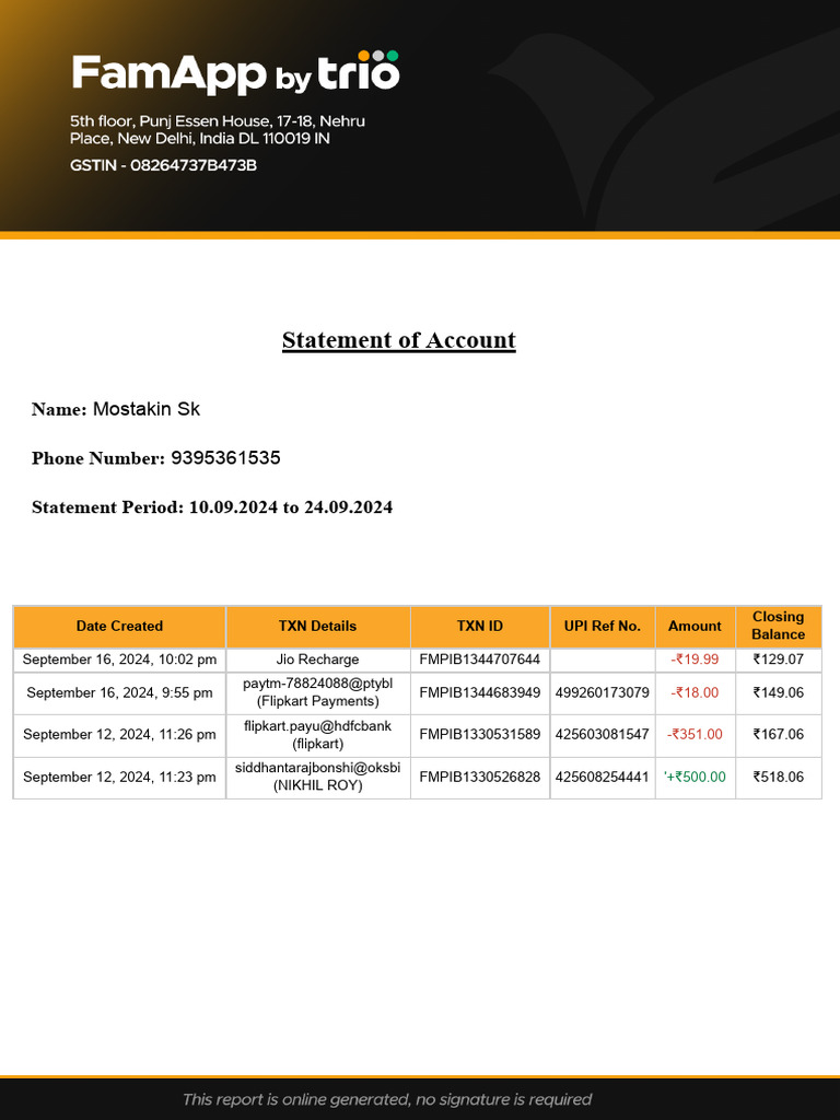 Mostakin Sk's Account Summary | PDF