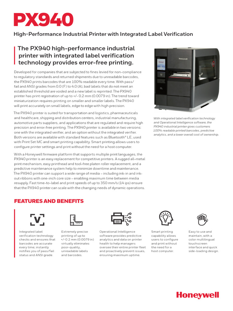 Sps PPR px940 Industrial Printer Data Sheet en A4 | PDF | Barcode | Printer (Computing)