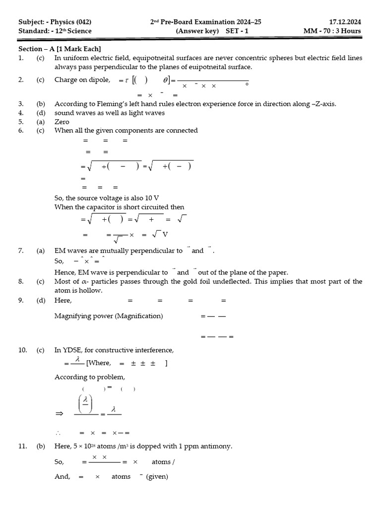 12 Science 2nd Pre Board Physics Paper (SET - 1) Answer Key | PDF | Diffraction | Refractive Index