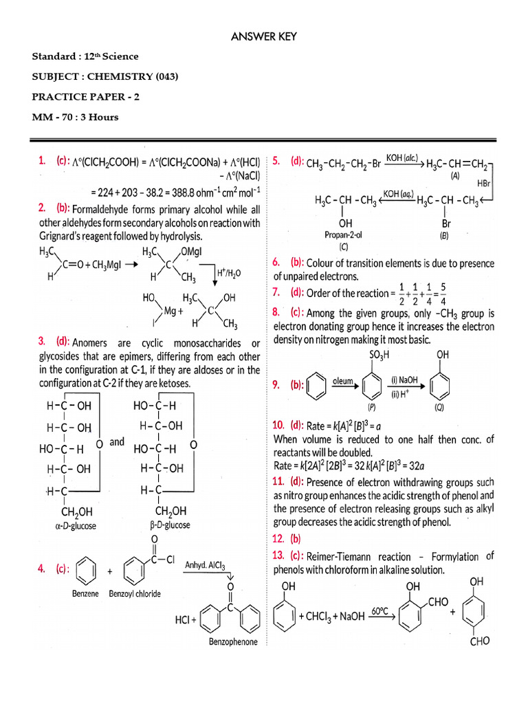 Chemistrypracticepaper 2 (Answerkey) | PDF