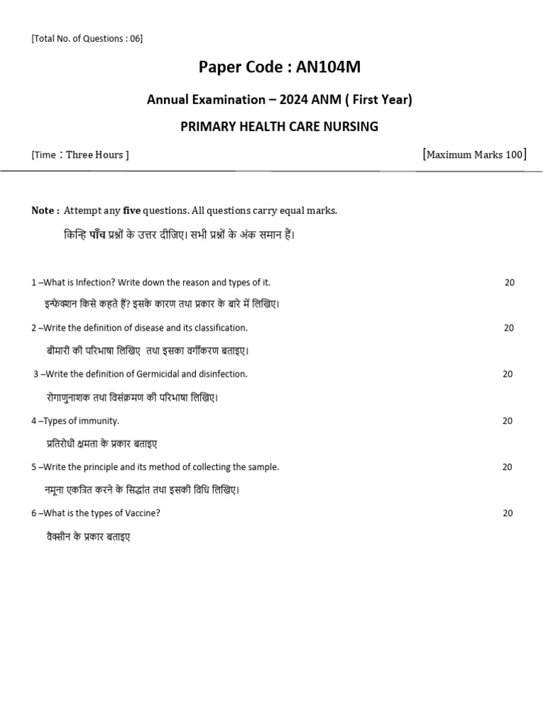 Primary Health Care Nursing Anm First Year Question Paper 2 | PDF