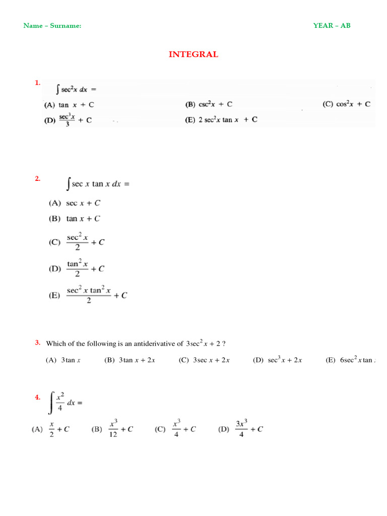Integral Past Papers | PDF
