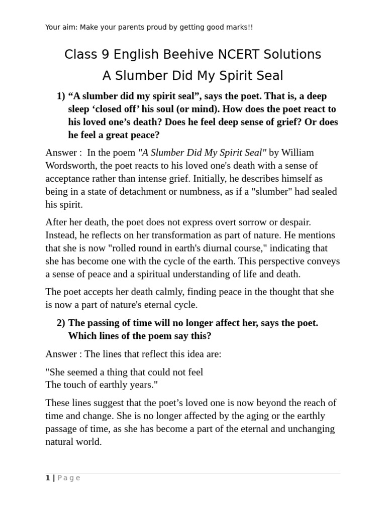 A Slmber Did My Spirit Seal Class 9 English | PDF | Poetry