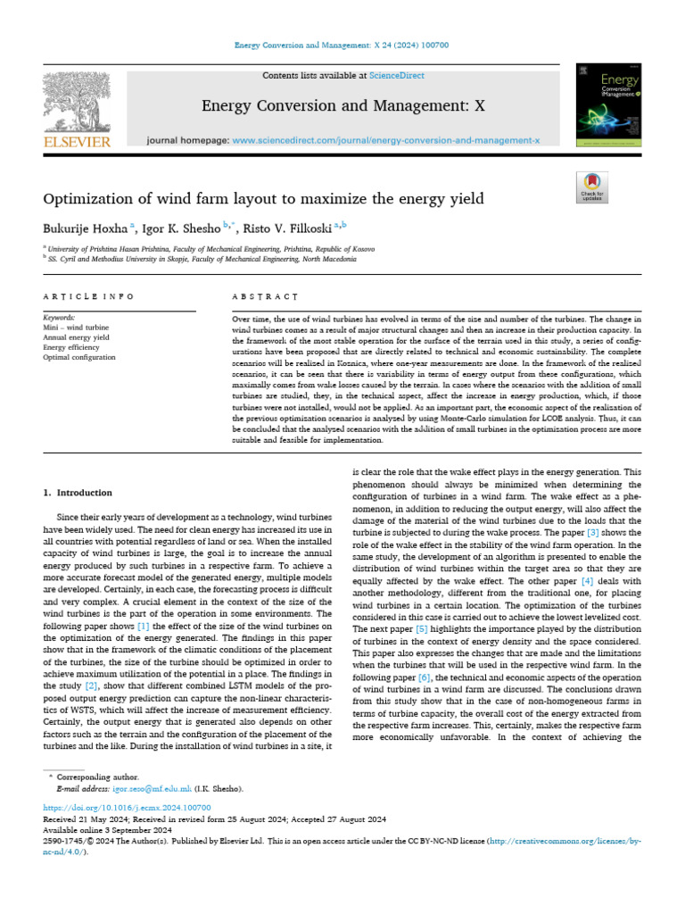 Optimization of Wind Farm Layout To Maximize 2024 Energy Conversion and ...