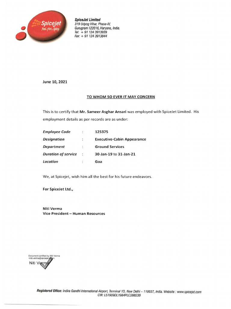 SpiceJet Exp Letter | PDF