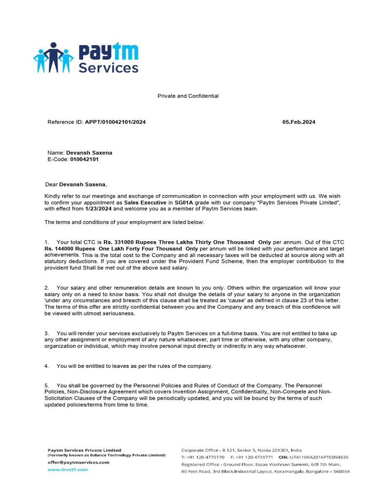 Paytm Sales Executive Offer Letter | PDF | Arbitration | Employment