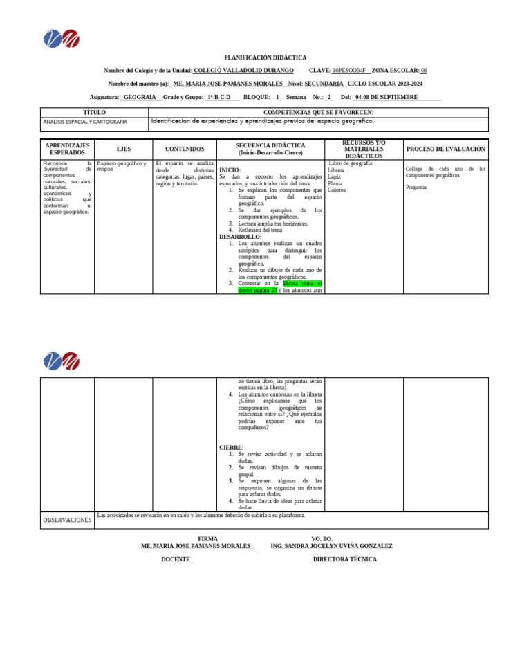 Plan Geo 1S 04-08 Sep Durango | PDF | Modificación de comportamiento | Aprendizaje