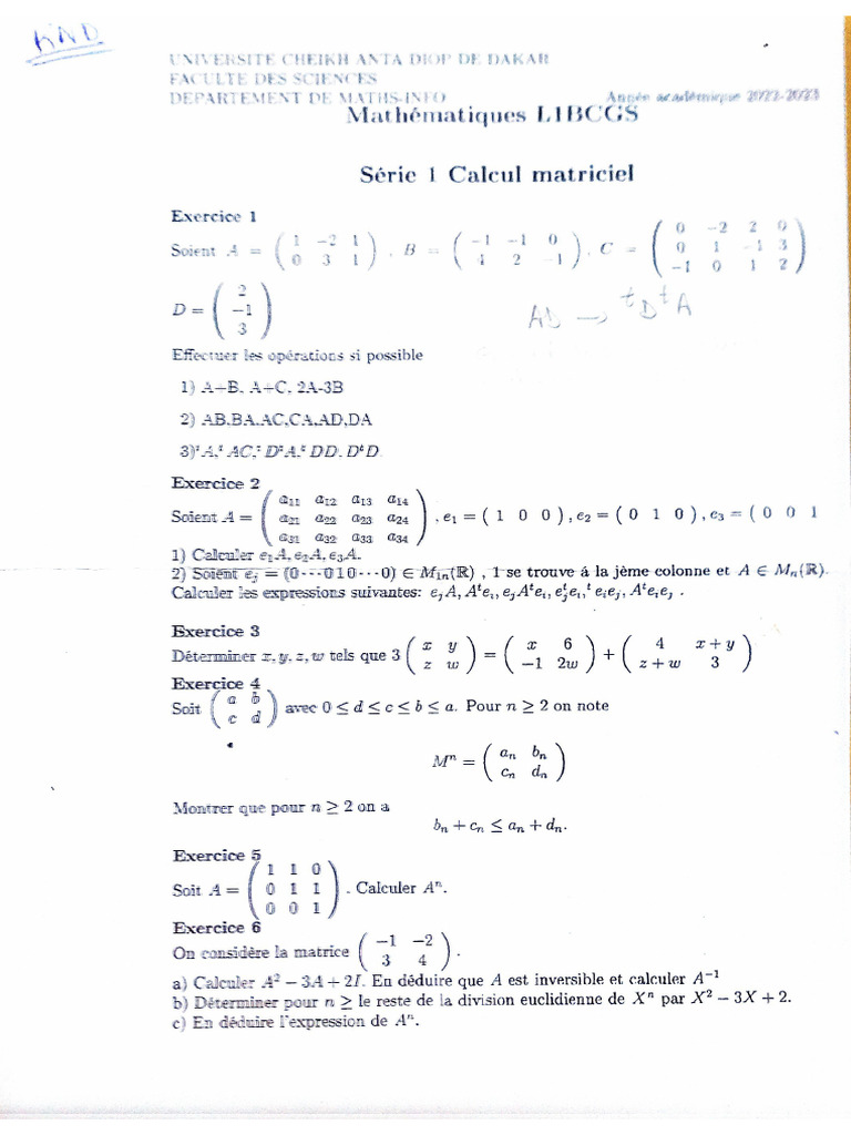 TD LES MATRICES | PDF