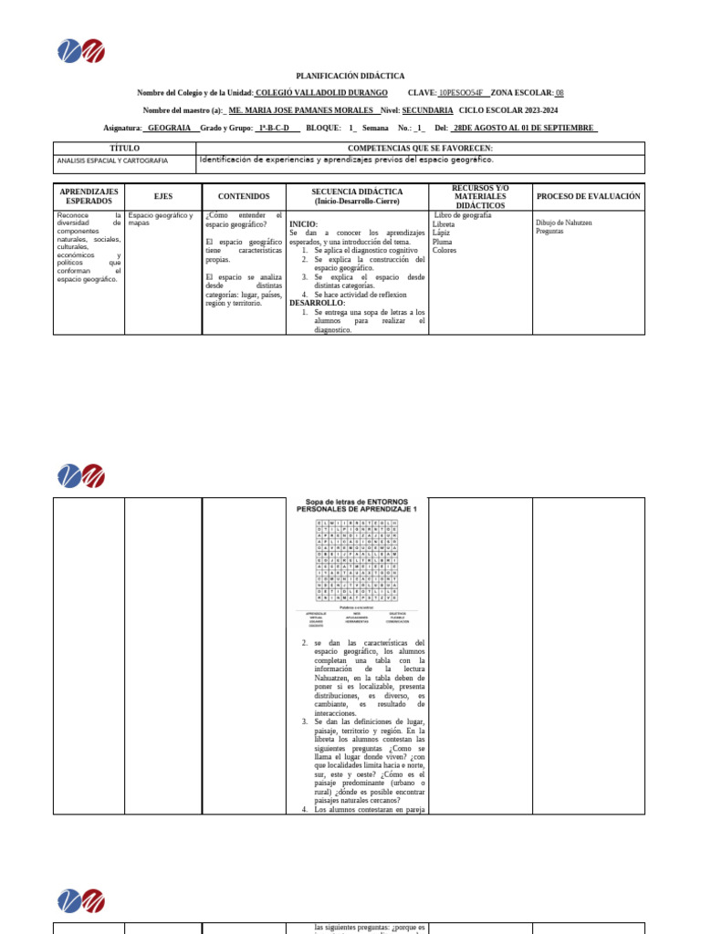 Plan Geo 1S 28 Ago-01 Sep Durango | PDF | Cognición | Geografía