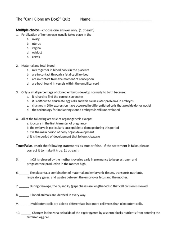 Bioethics Developmental Bio Quiz Destiny-Ranae | PDF | Embryo | Cloning