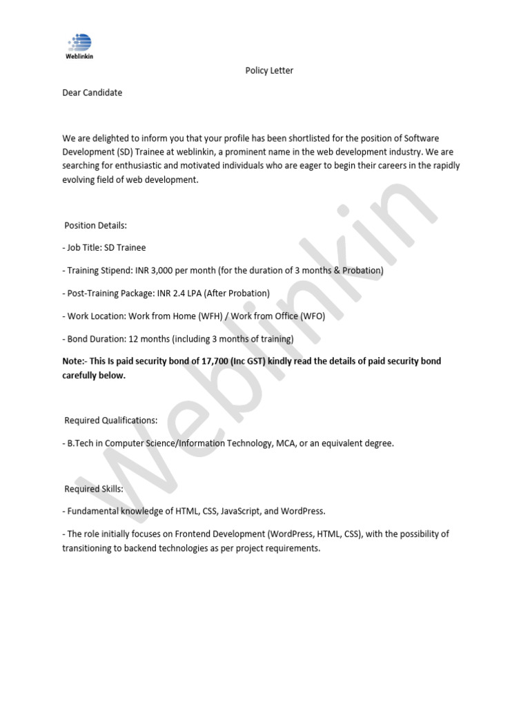 Employment Bond Policy Letter | PDF | Web Development
