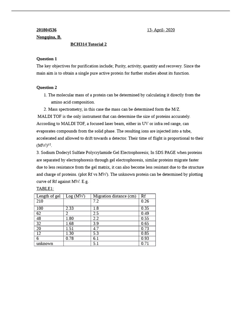 BCH314 TUTOTIAL 2 Answer | PDF | Chromatography | Protein Purification