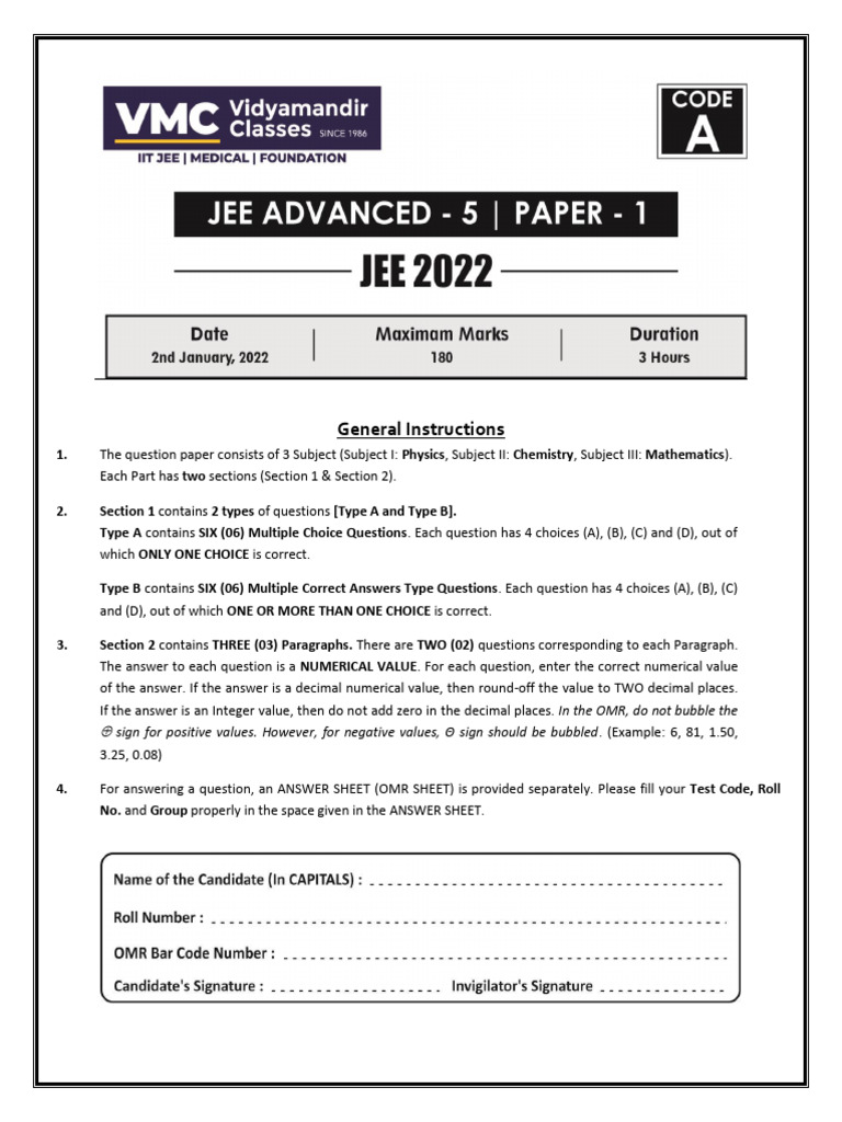 JEE Advanced 2022 Paper 1 Overview | PDF | Capacitor | Electrical ...