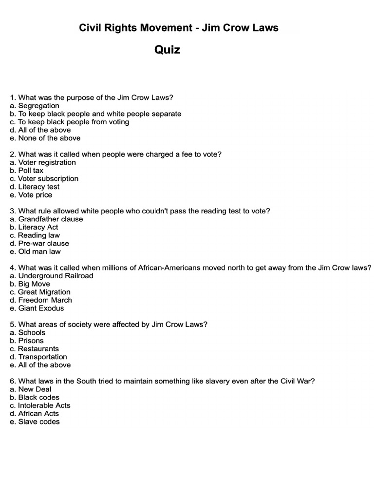 QUIZ Jim Crow Laws | PDF