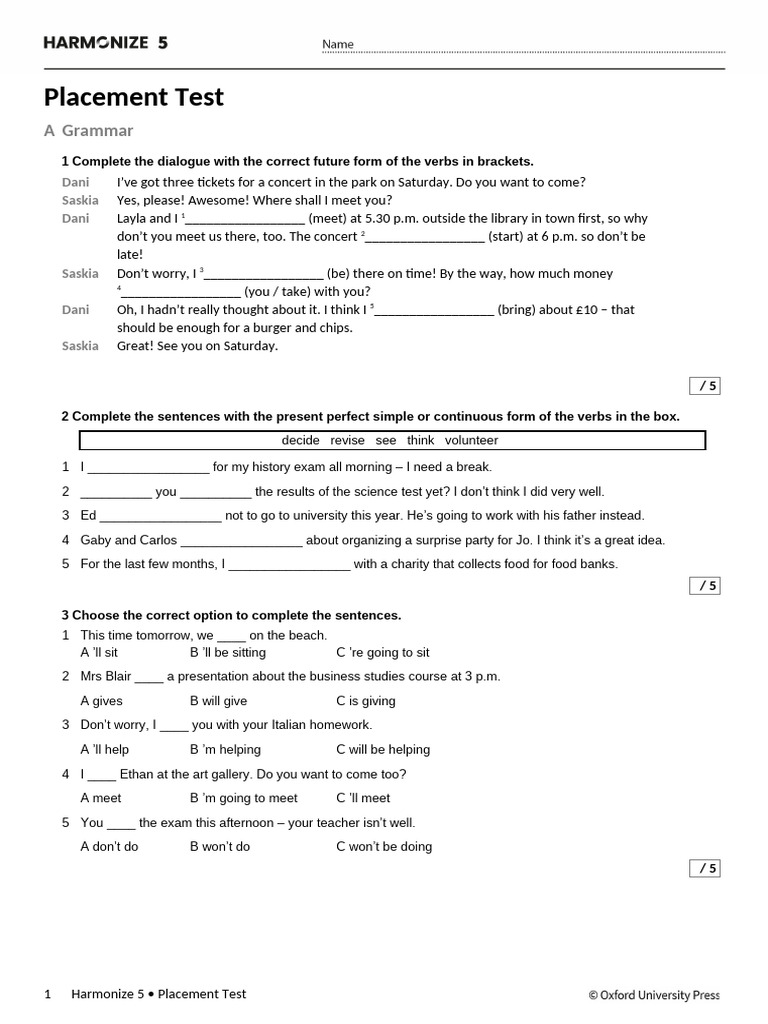 Harmonize 5 Placement Test Guide | PDF