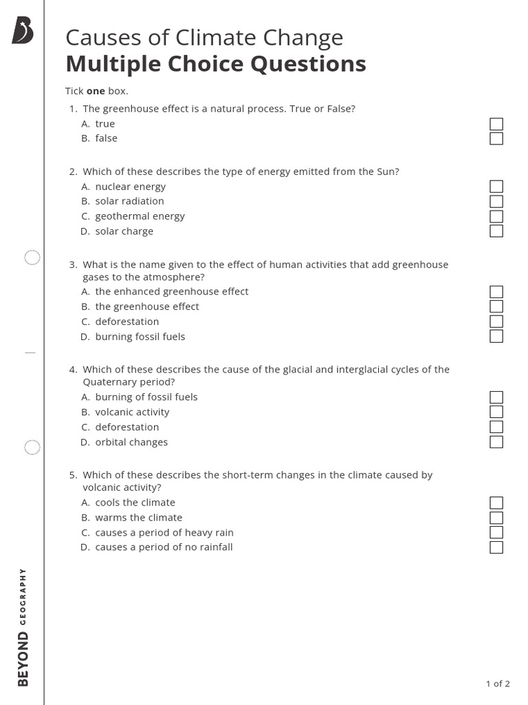 Causes of Climate Change Multiple Choice Questions Worksheet | PDF ...