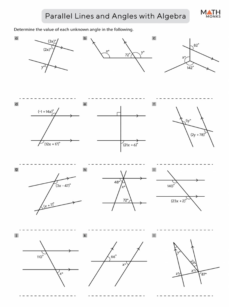 Parallel Lines Angles and Algebra Worksheet | PDF