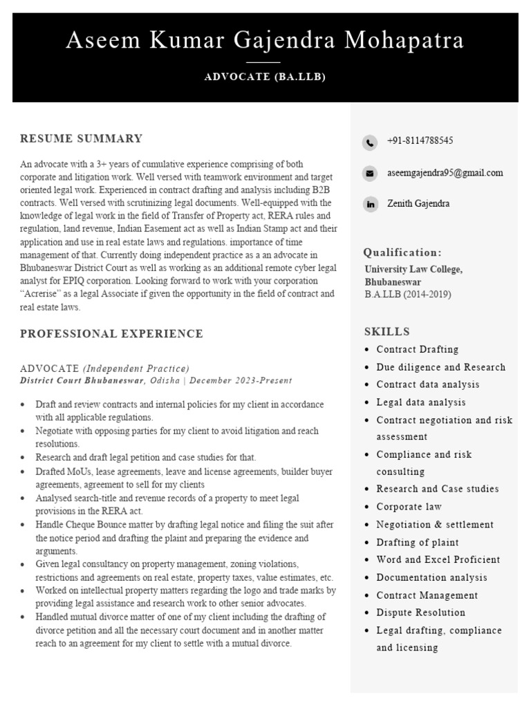 Aseem Kumar Gajendra Mohapatra CV | PDF | Divorce | Advocate