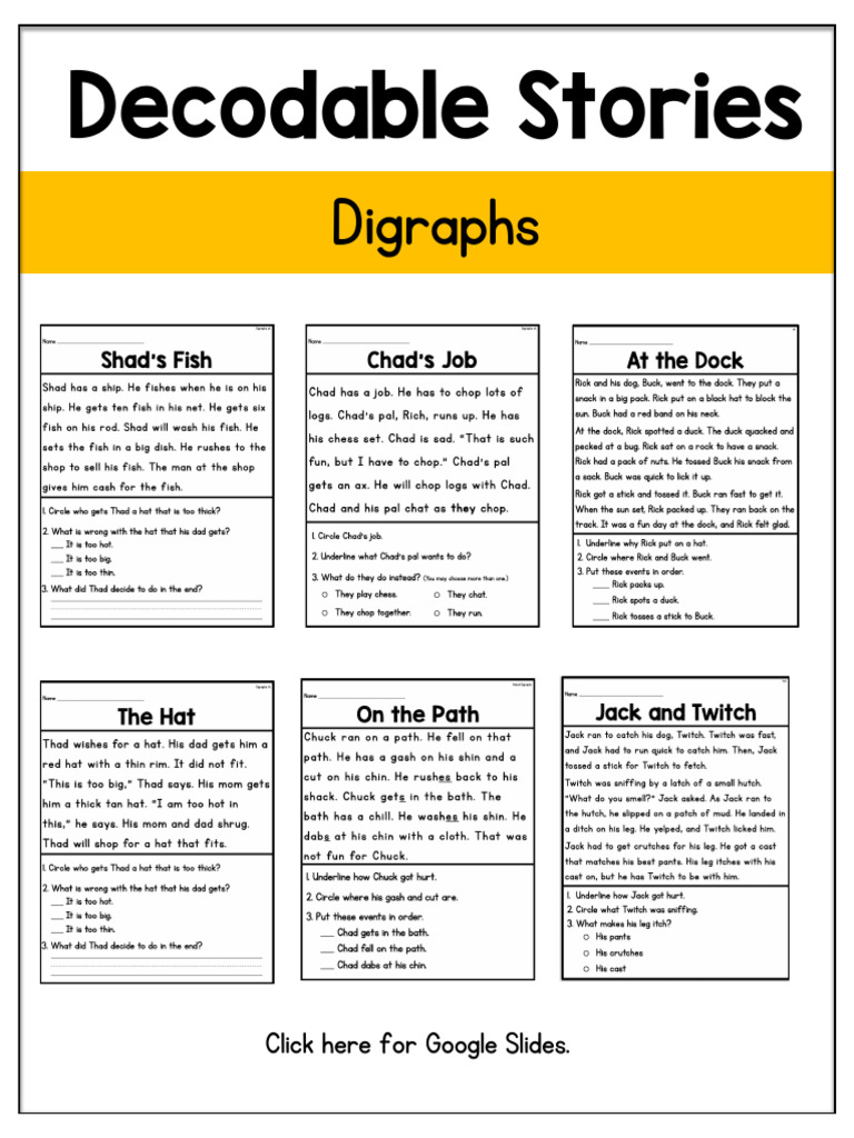 Decodable Stories: Digraphs | PDF | Reading Comprehension | Writing