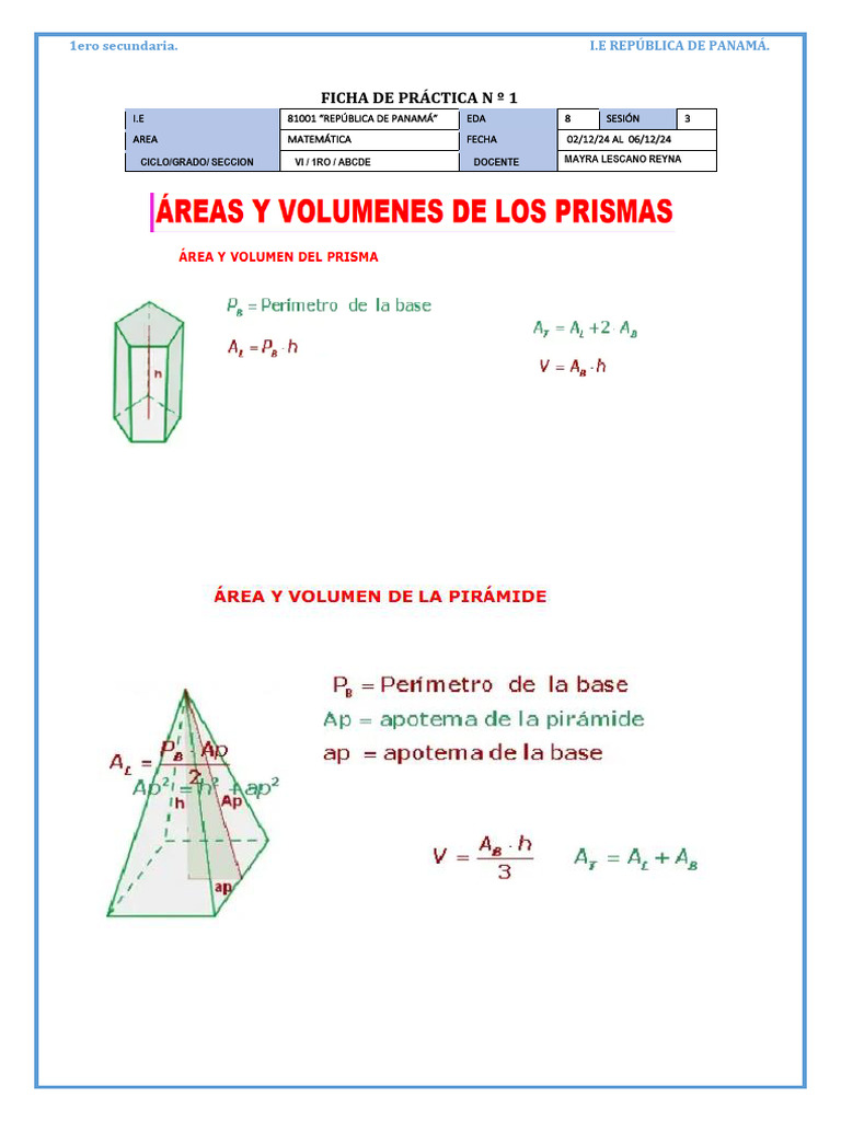 Práctica de Área y Volumen 1ro Secundaria | PDF