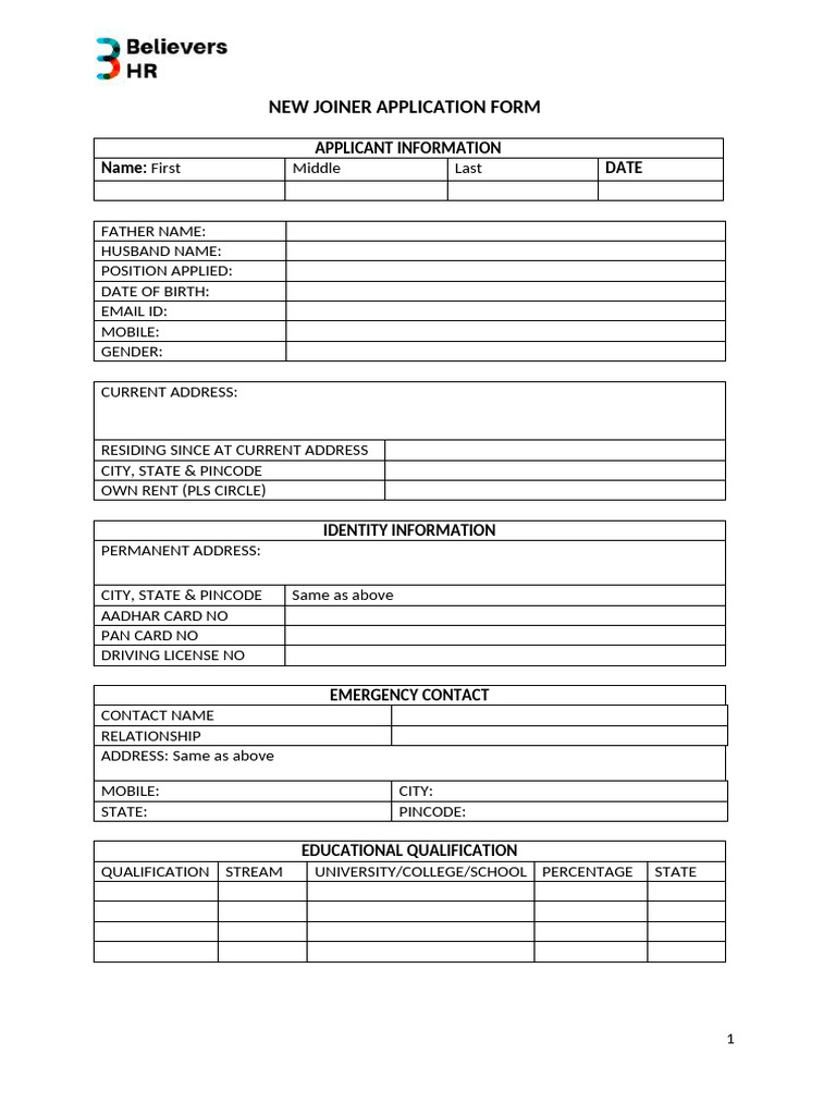 New Joiner Application Form v2 | PDF | Government And Personhood
