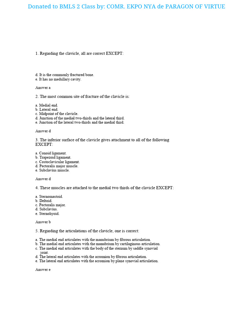 ANA 201 Upper Limb Anatomy MCQs | PDF | Arm | Thumb