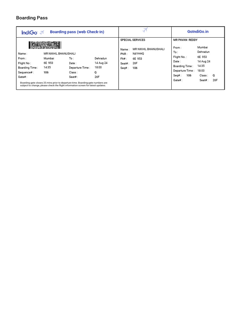 GoIndiGo Boarding Pass Details | PDF