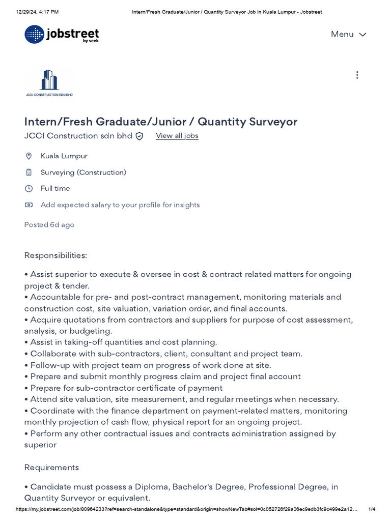 Job Advertisement - Quantity Surveyor Job in Kuala Lumpur - Jobstreet ...