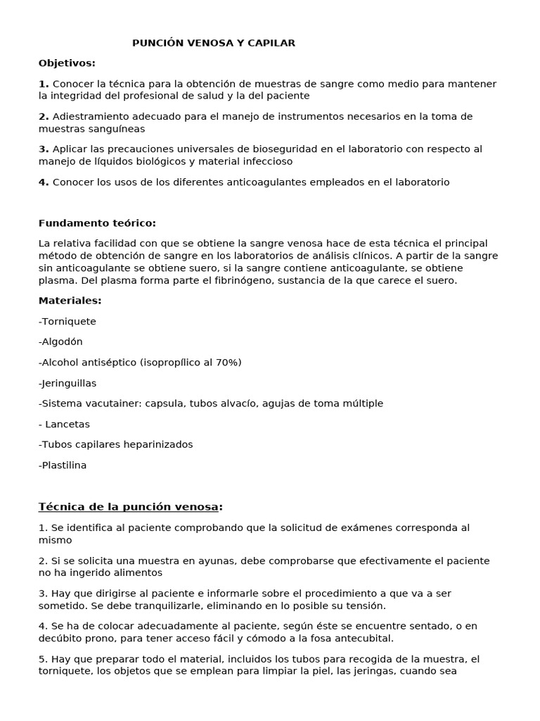 PUNCIÓN VENOSA Y CAPILAR, apunte.2 | PDF | Especialidades Medicas ...