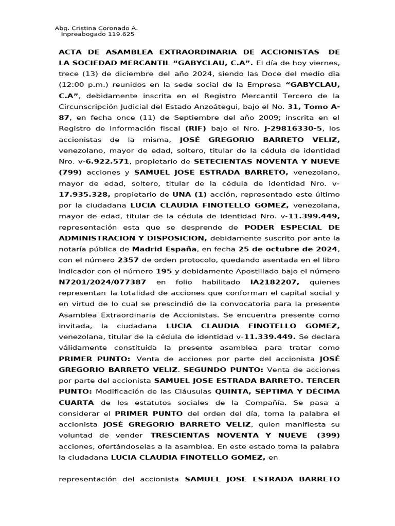 Acta Asamblea Extraordinaria GABYCLAU | PDF | Dinero | Documento de identidad