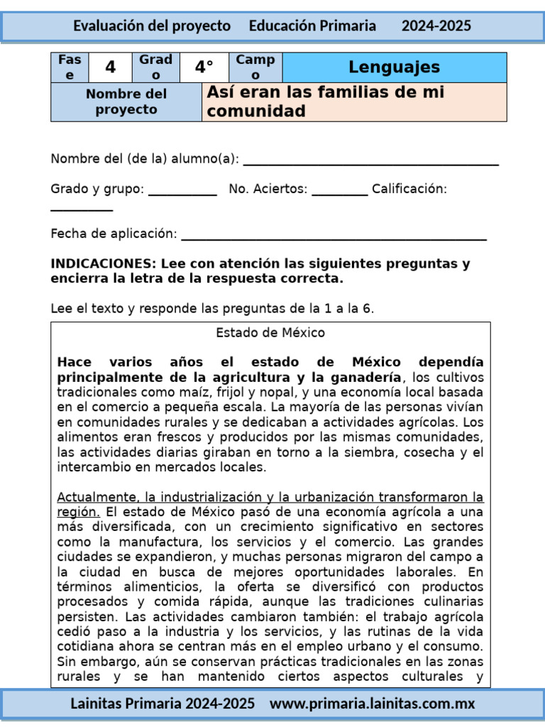 4to Grado Diciembre - Examen 05 Así Eran Las Familias de Mi Comunidad (2024-2025) | PDF ...