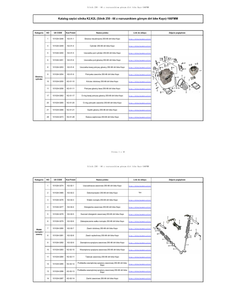 Katalog Części Silnika K2, K2L (Silnik 250 - 66) - 166FMM | PDF