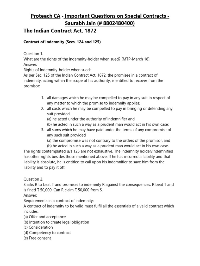 Imp Questions on Special Contracts | PDF | Guarantee | Indemnity