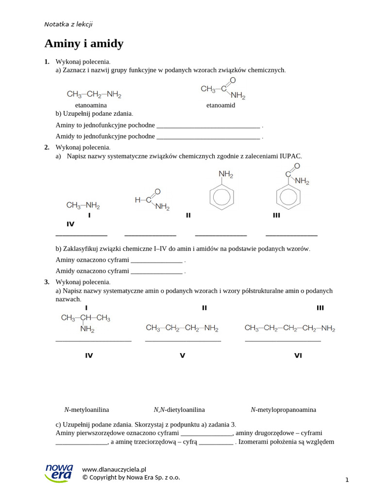 Notatka Z Lekcji Aminy I Amidy Nazewnictwo Amin I Amidow | PDF