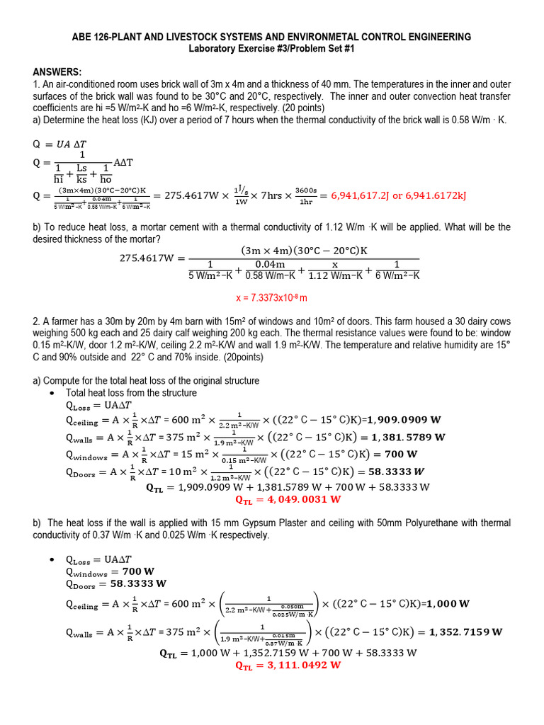 ABE 126 Problem Set 1 Answer | PDF | Heat Transfer | Continuum Mechanics