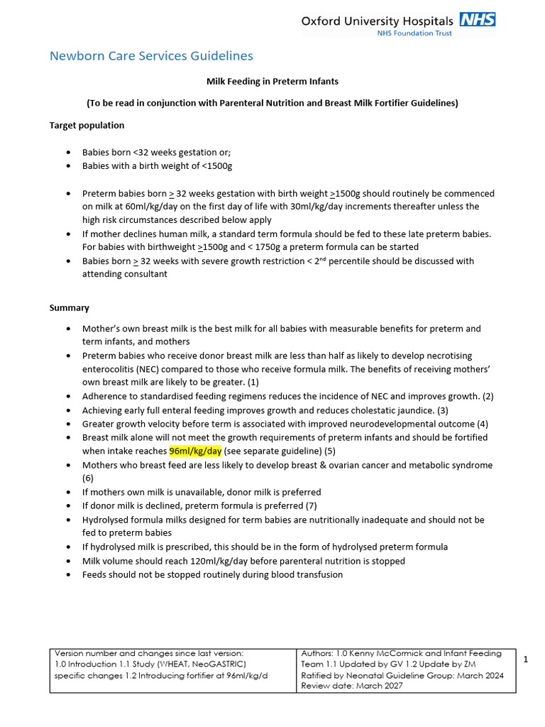 Preterm Feeding Guideline Version 1.2 Final March 2024 | PDF | Preterm ...
