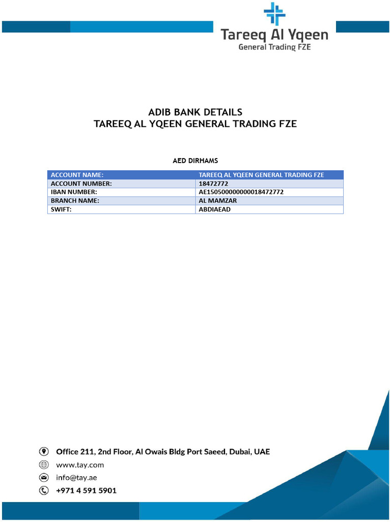 ADIB Bank Details for Tareeq Al Yqeen | PDF