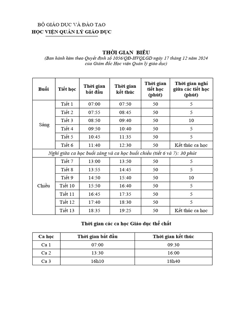 Quyet Dinh Ve Viec Dieu Chinh Thoi Gian Bieu He Dai Hoc | PDF