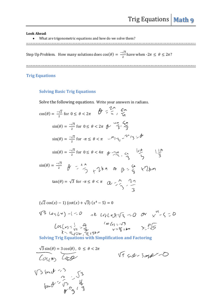 F24Math9Notes7.4TrigEquations | PDF | Trigonometry | Mathematical Analysis