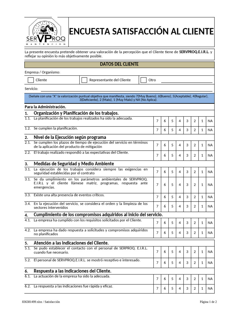 Encuesta de Satisfaccion Al Cliente Servproq | PDF | Planificación ...