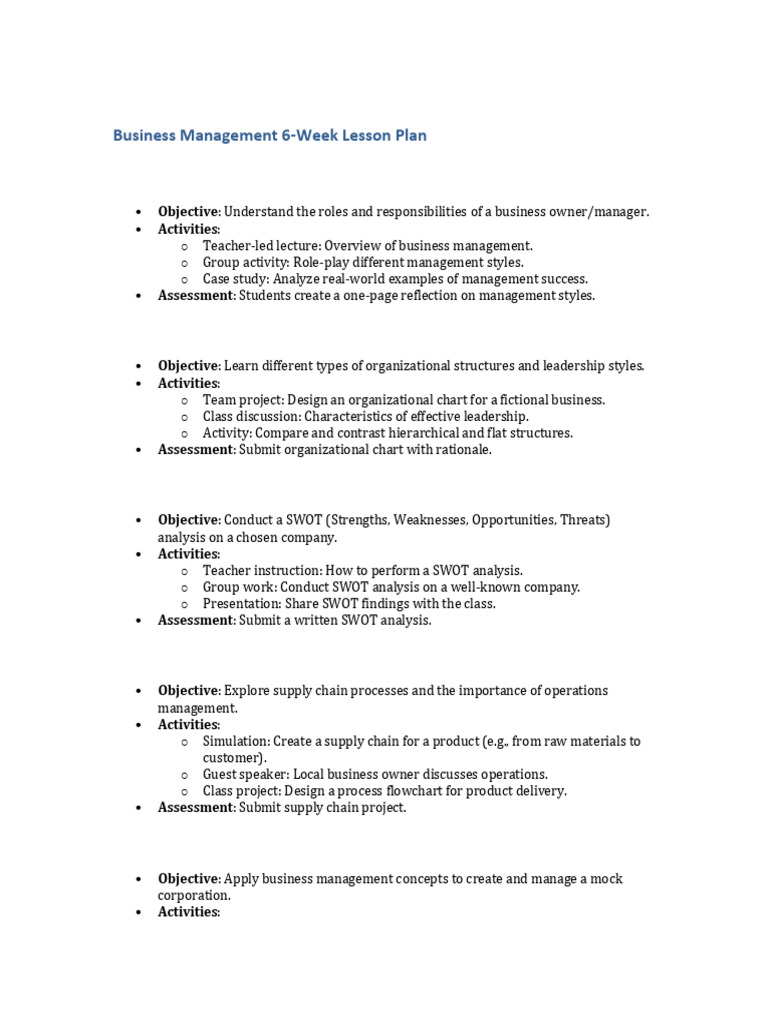 Business Management 6-Week Lesson Plan AC | PDF | Swot Analysis ...