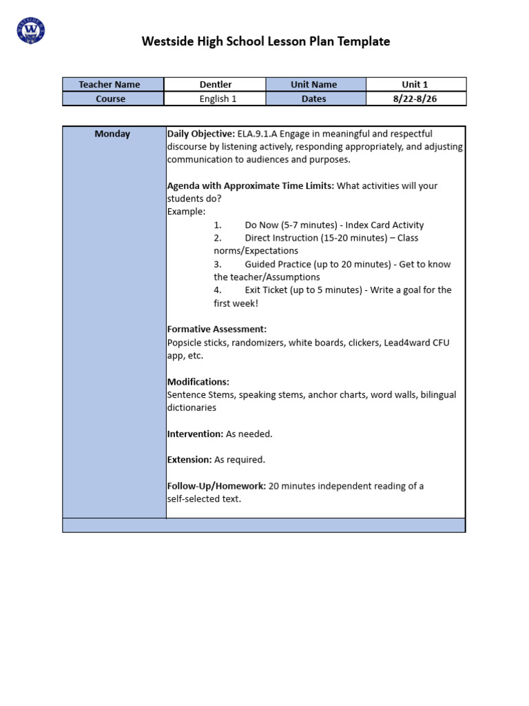 Lesson Plans - Week 1.docx | PDF | Lesson Plan | Linguistics