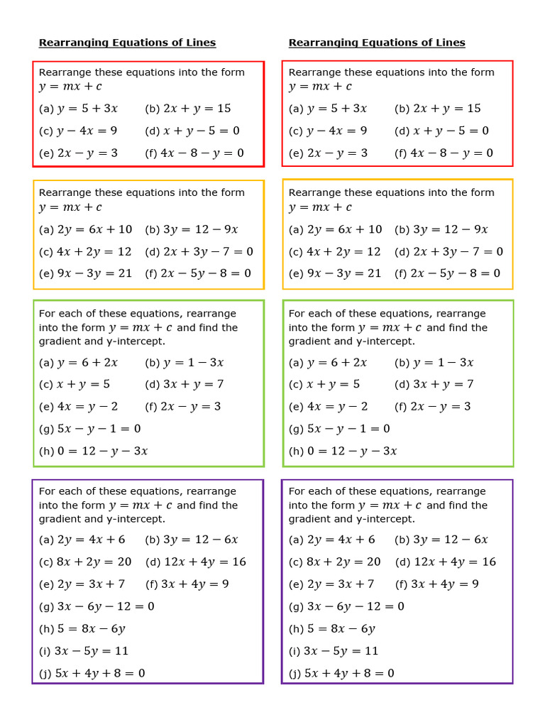 Rearranging Equations of Straight Lines Practice Strips | PDF