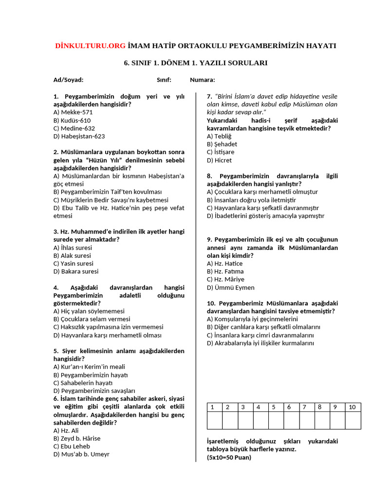 6 Sinif Siyer 1 Donem 1 Yazili Dinkulturu Org | PDF